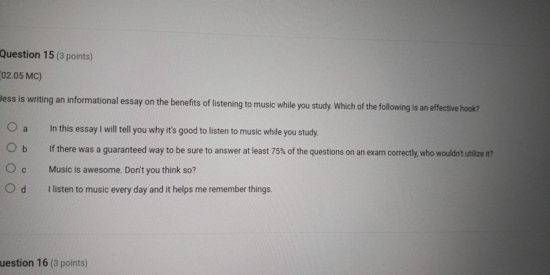 Solved: (02.05 MC) Jess is writing an informational essay on the ...