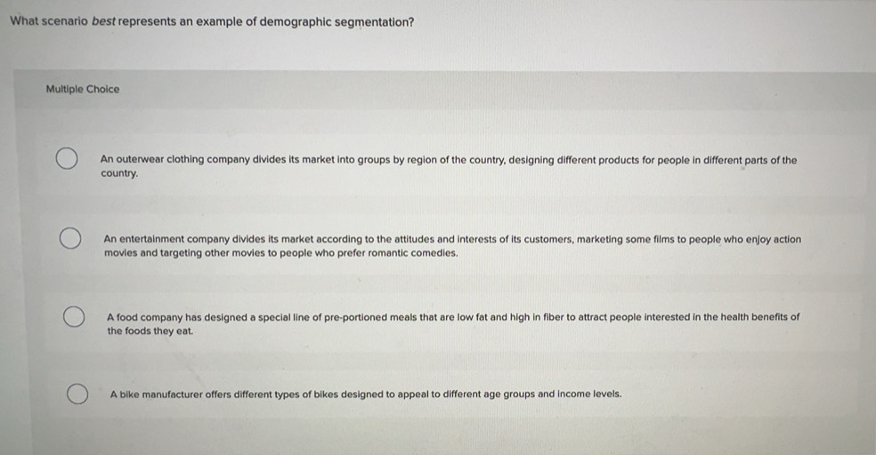 Solved: What scenario best represents an example of demographic ...