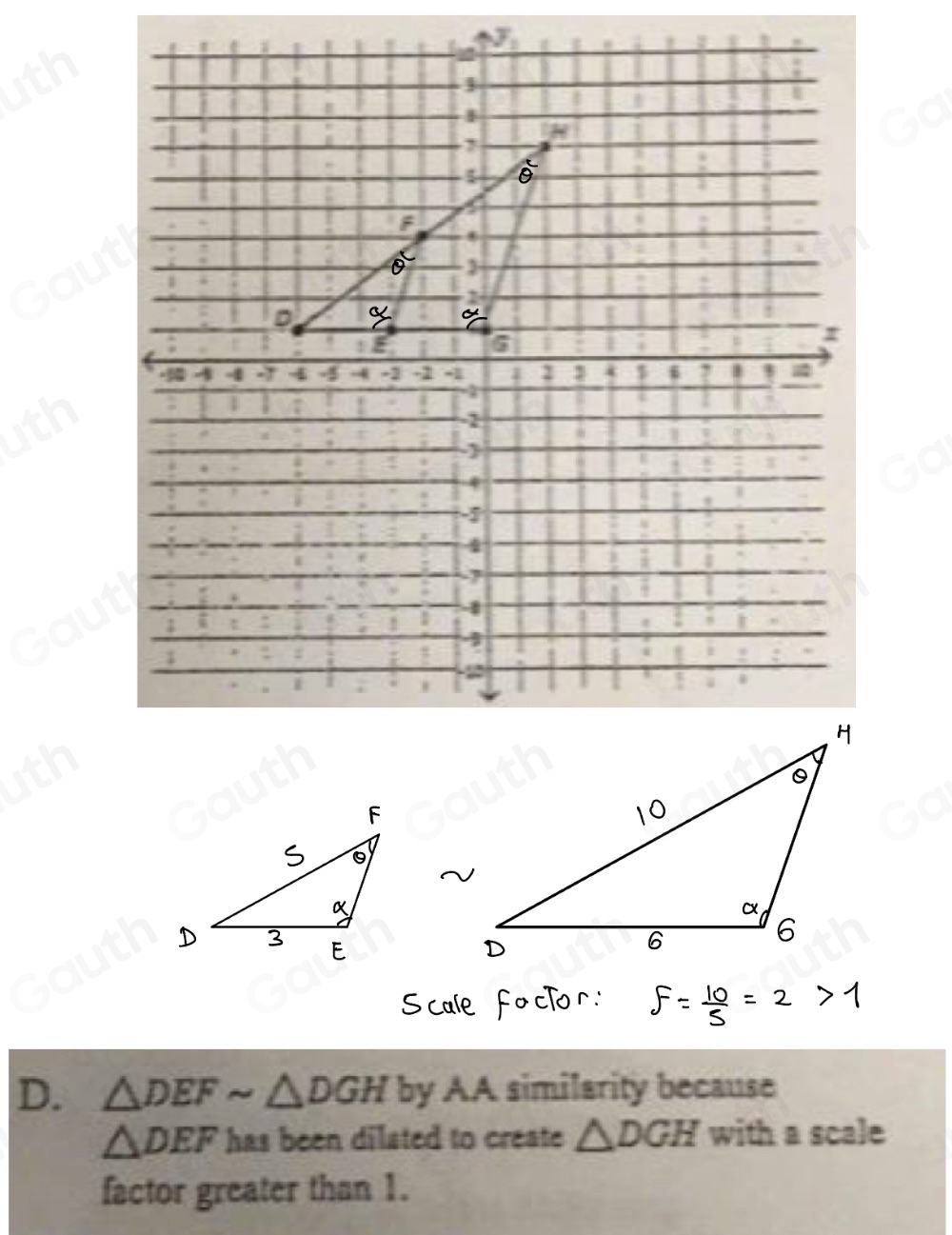 Solved: 16 DEF and DGH are shown in the coordinate plane with ∠ DEF≌ ∠ DGH and ∠ DFE≌ ∠ DHG W [Math]
