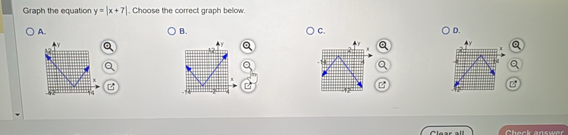 Solved: Graph the equation y=|x+7|. Choose the correct graph below. A ...