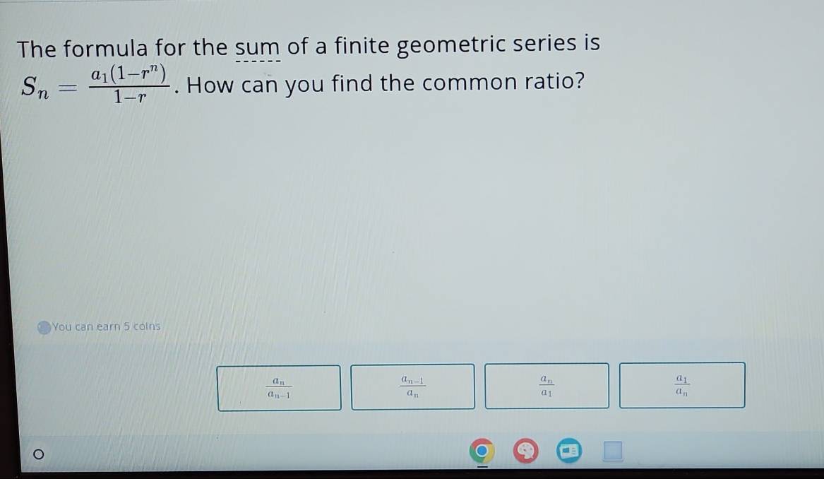Solved: The formula for the sum of a finite geometric series is S_n=frac a_1(1-r^n)1-r. How can ...