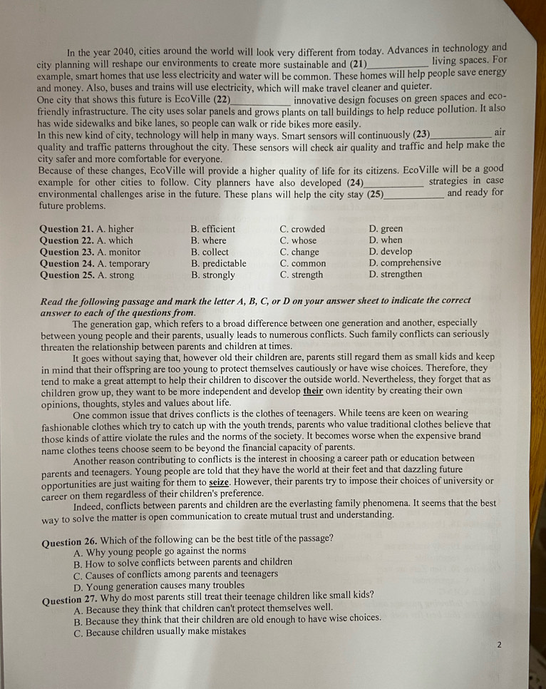 Giải quyết:In the year 2040, cities around the world will look very ...