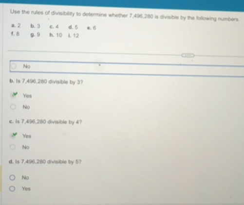 Solved: Use the rules of divisibility to determine whether 7, 495, 280 ...