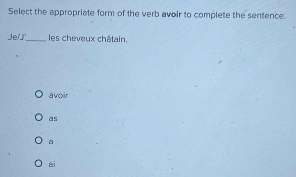 Solved: Select the appropriate form of the verb avoir to complete the ...