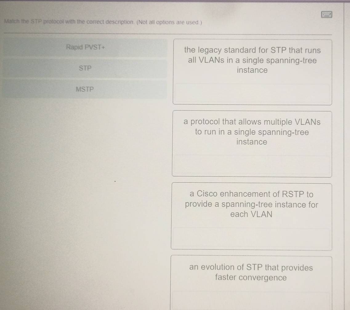 Solved: Match the STP protocol with the correct description. (Not all options are used.) Rapid ...