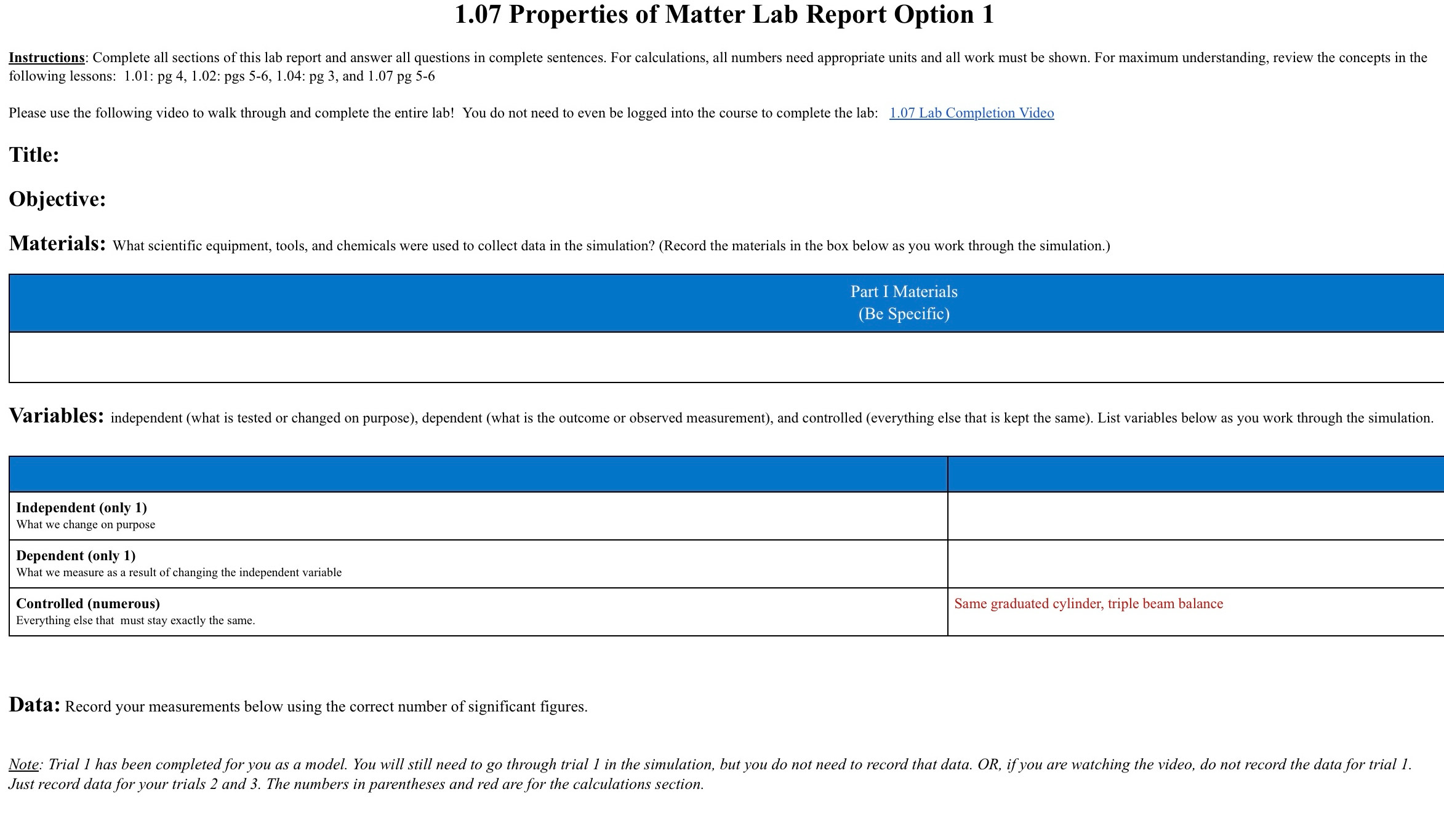 Gelöst:1.07 Properties of Matter Lab Report Option 1 Instructions ...