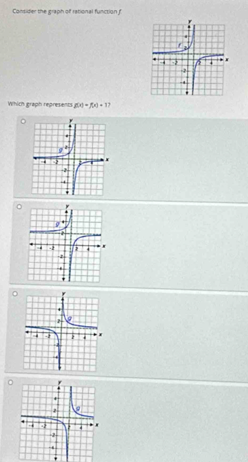 Solved: Consider the graph of rational function f Which graph represents g(x)=f(x)+1 [Math]