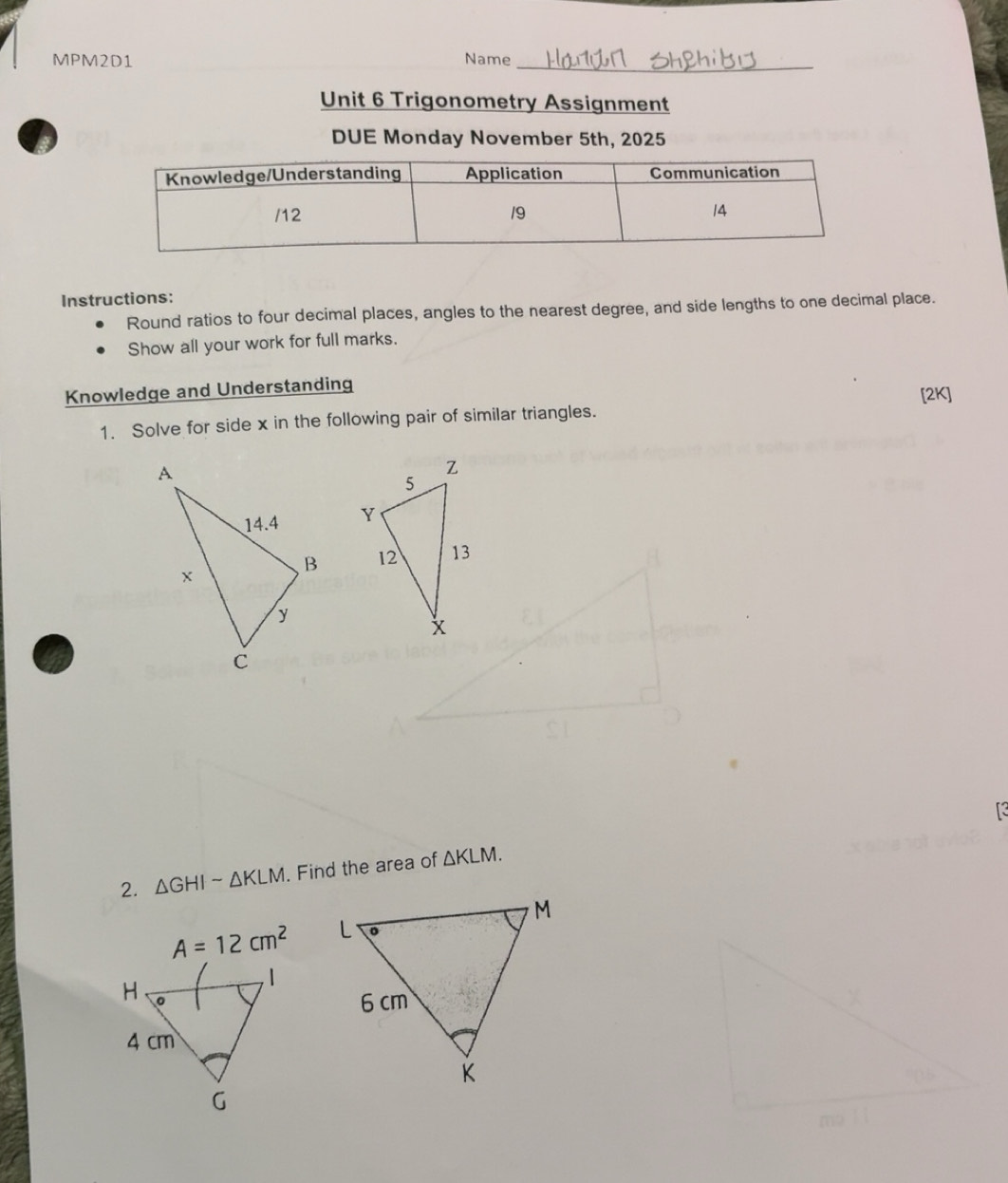 Solved: MPM2D1 Name_ Unit 6 Trigonometry Assignment DUE Monday November ...