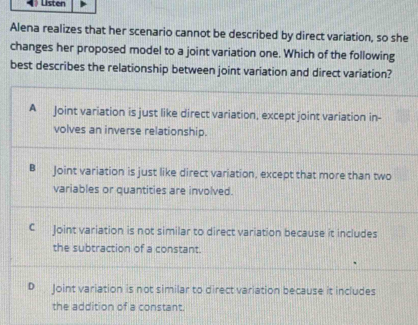 Solved: Listen Alena realizes that her scenario cannot be described by ...