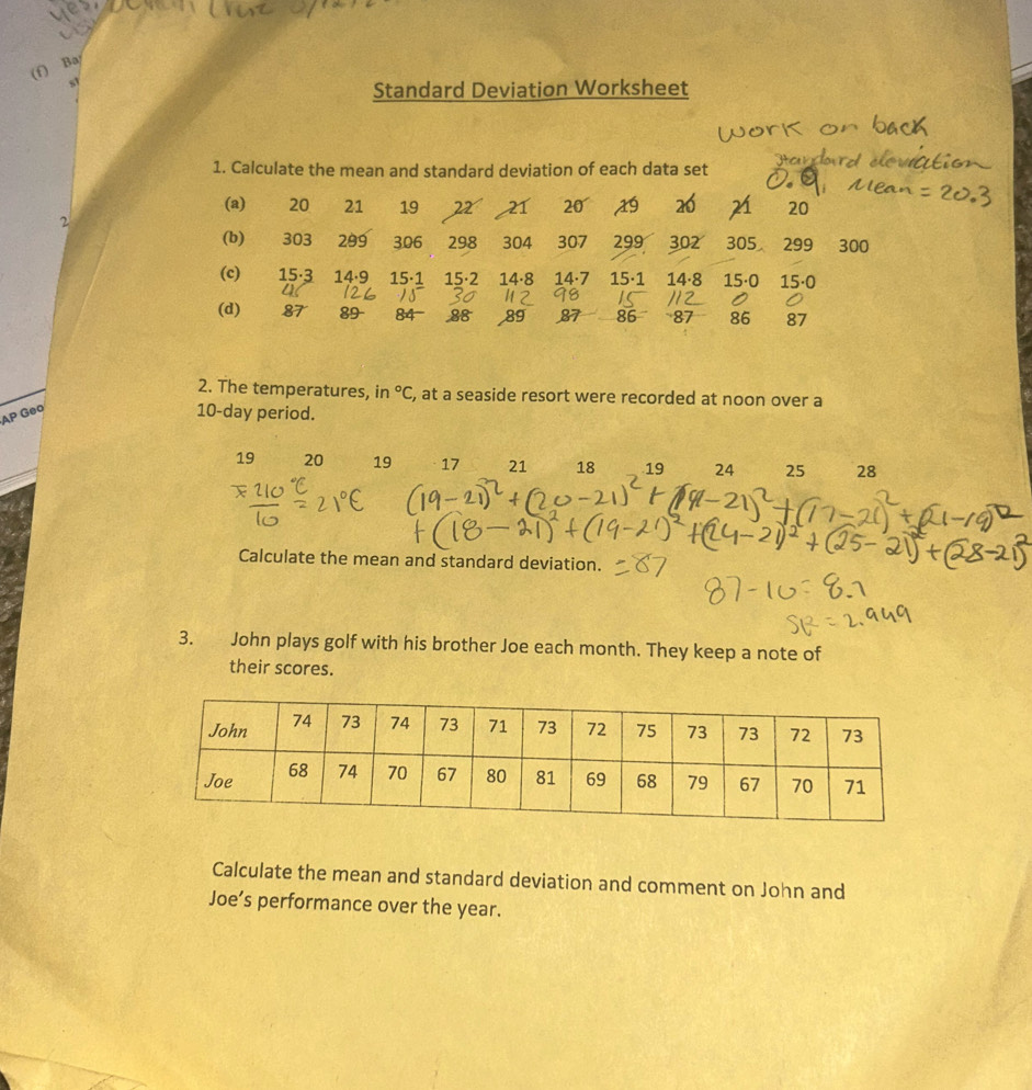 Solved: Bay s Standard Deviation Worksheet 1. Calculate the mean and standard deviation of each ...