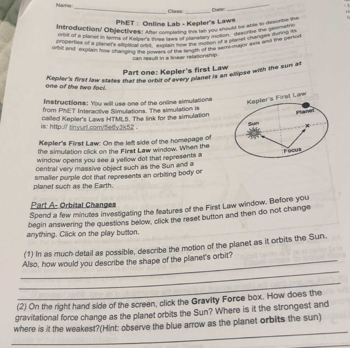 Solved: Name: _: t _ Class:_ Date: si PhET : Online Lab - Kepler's Laws ...