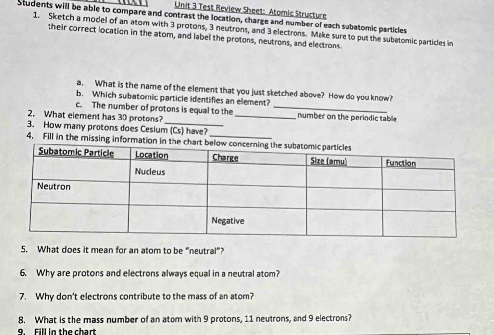 Solved: Test Review Sheet: Atomic Structure Students will be able to ...