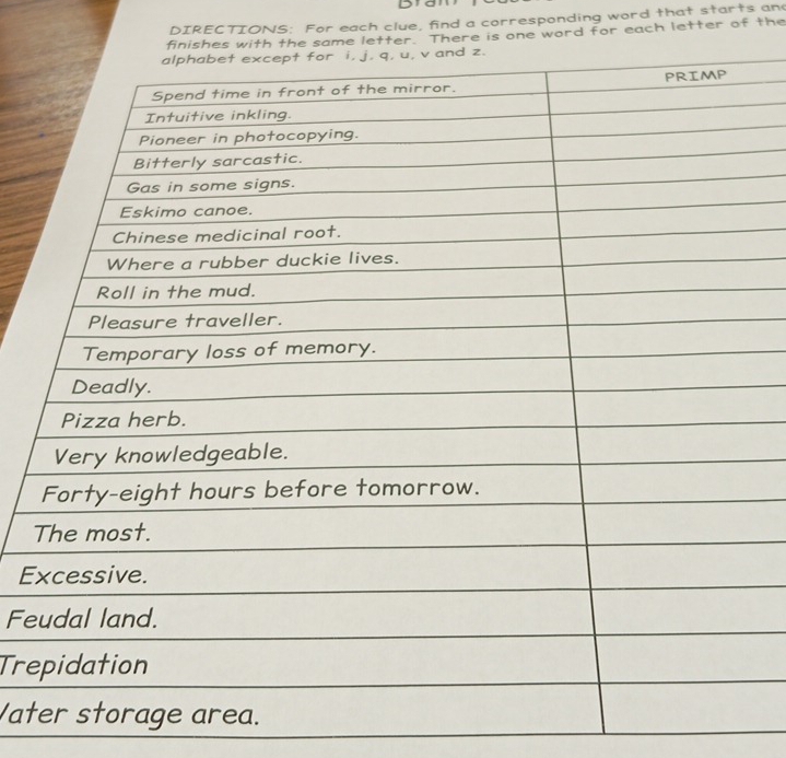 Solved: DIRECTIONS: For each clue, find a corresponding word that ...