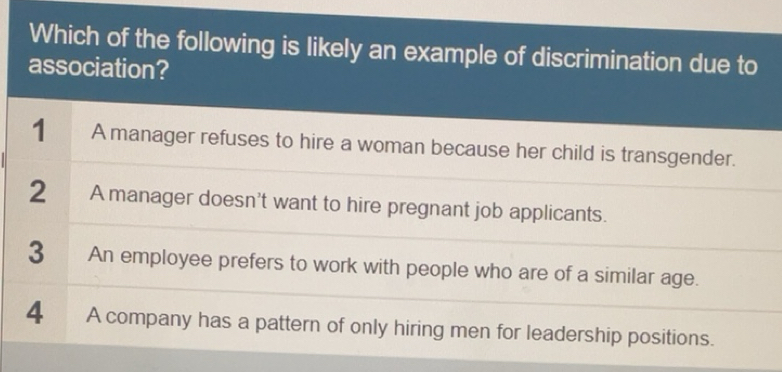 Solved: Which of the following is likely an example of discrimination ...