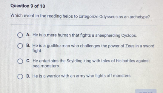 Solved: Which event in the reading helps to categorize Odysseus as an ...