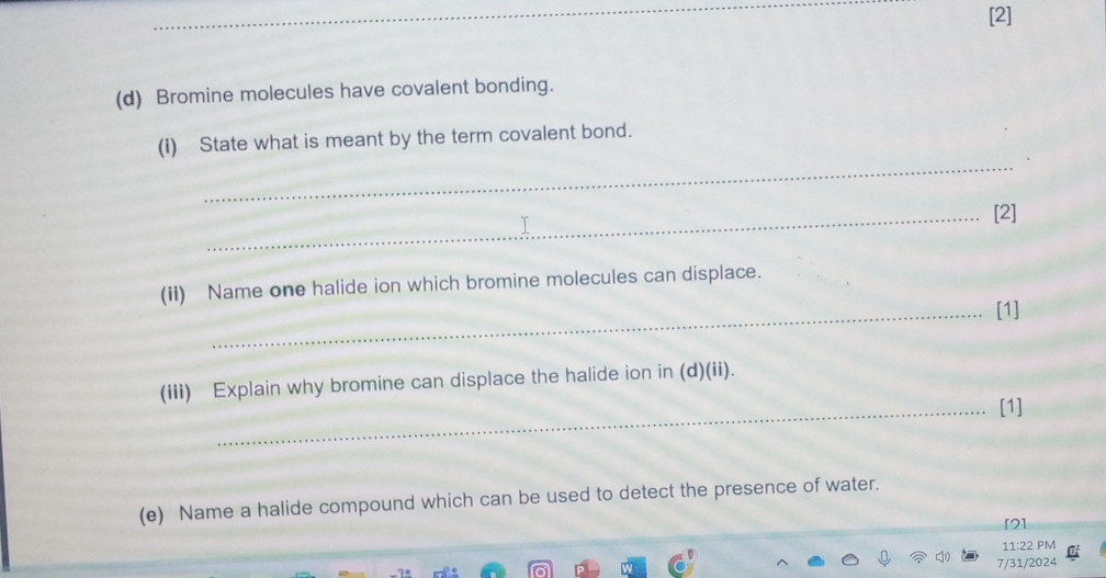 Solved: [2] (d) Bromine molecules have covalent bonding. _ (i) State ...
