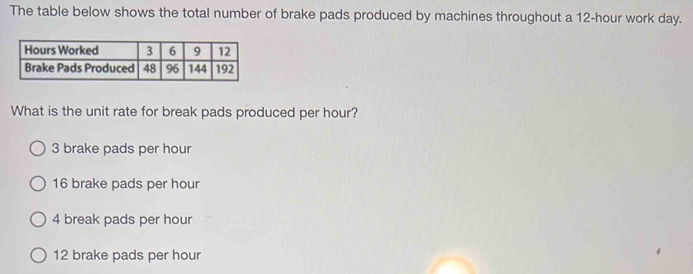 Solved: The table below shows the total number of brake pads produced ...