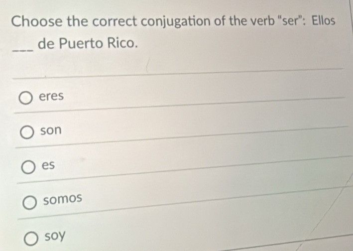 Solved: Choose the correct conjugation of the verb “ser”: Ellos _ de ...