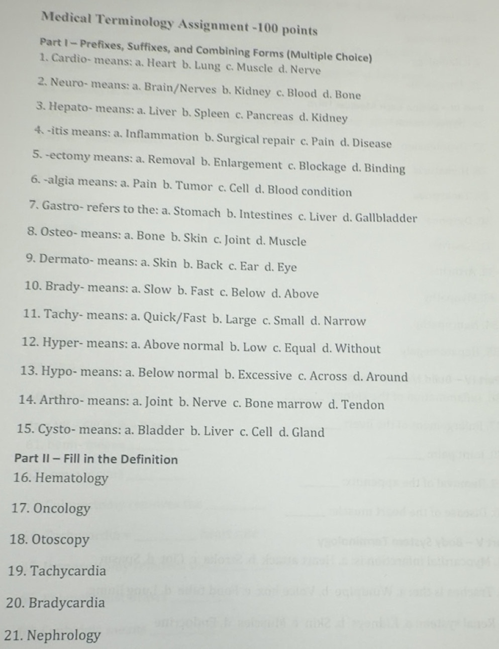 Solved: Medical Terminology Assignment -100 points Part I - Prefixes ...