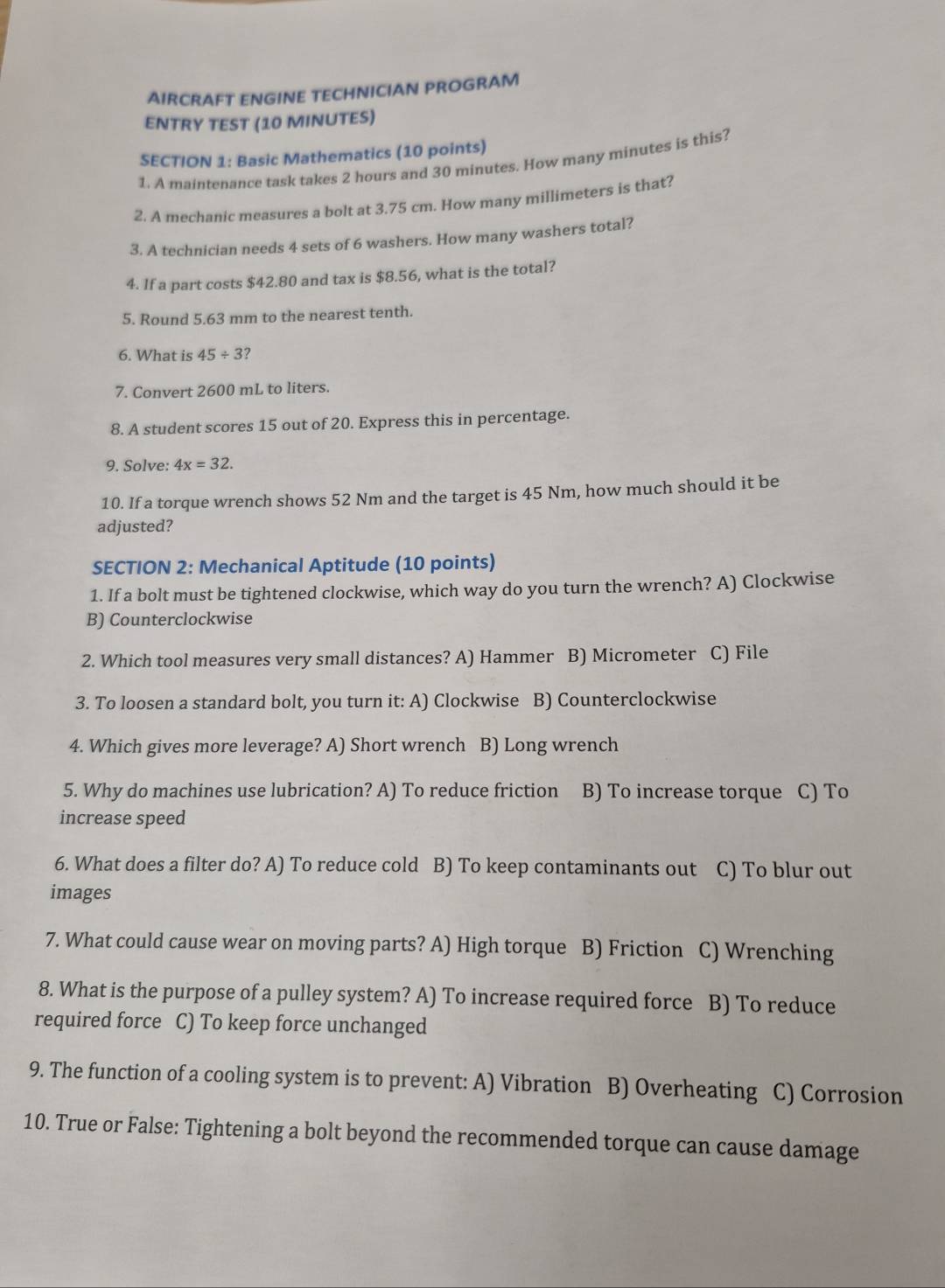 Solved: AIRCRAFT ENGINE TECHNICIAN PROGRAM ENTRY TEST (10 MINUTES ...
