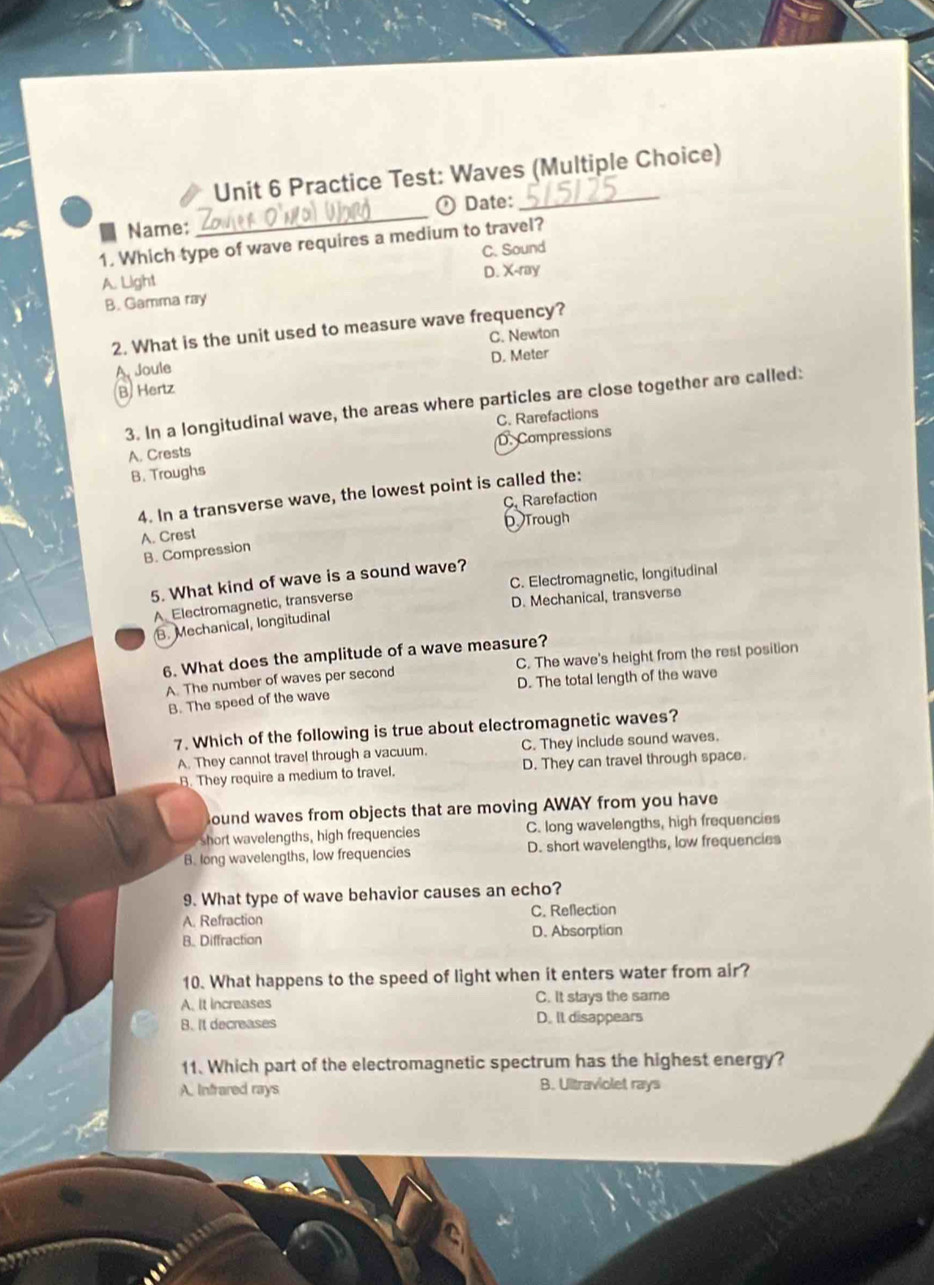 Solved: Practice Test: Waves (Multiple Choice) ① Date:_ Name: _ 1 ...