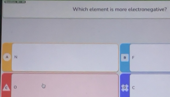 Resuelto:Which element is more electronegative? A N B F C