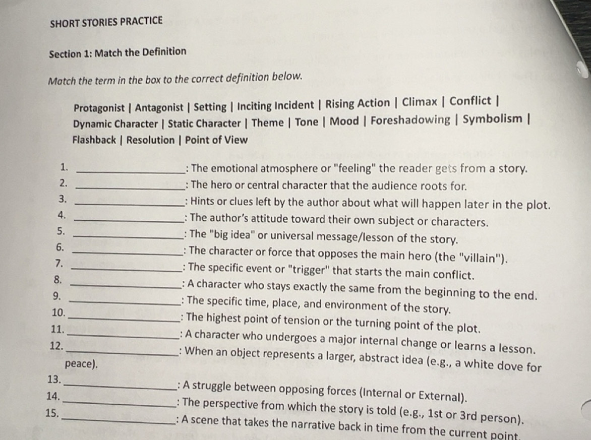 Solved: SHORT STORIES PRACTICE Section 1: Match the Definition Match ...
