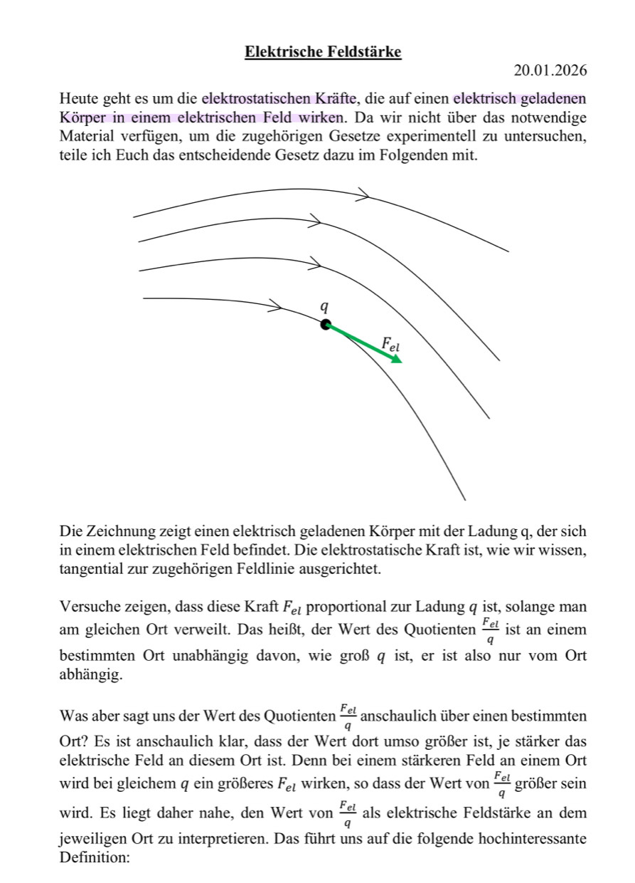 Gelöst:Elektrische Feldstärke 20.01.2026 Heute geht es um die ...