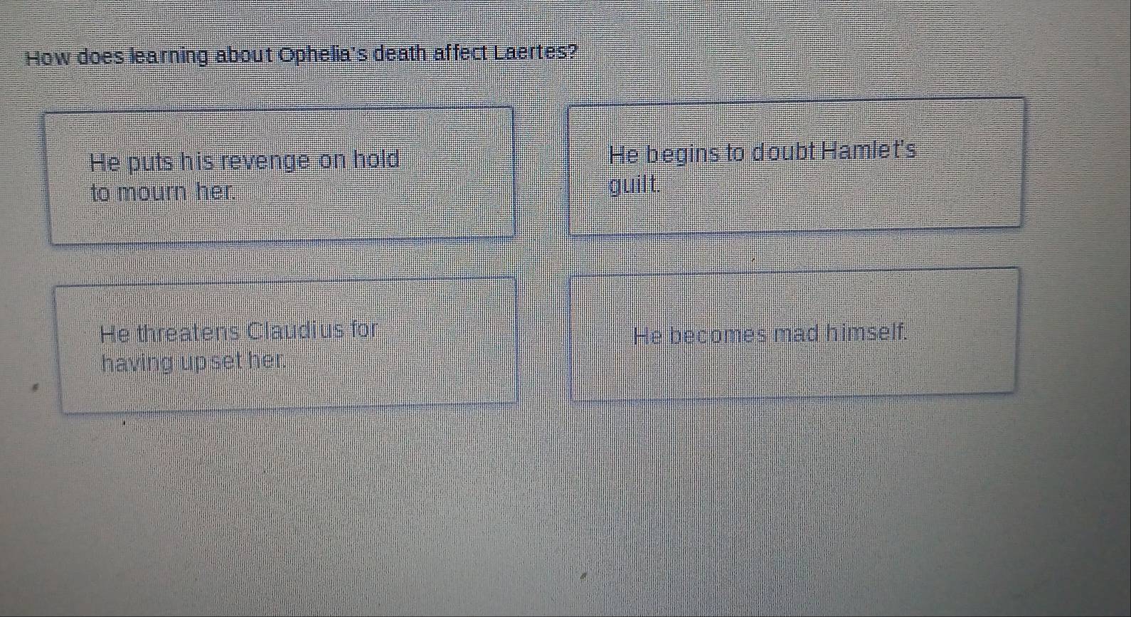 Solved: How does learning about Ophelia's death affect Laertes? He puts ...