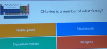 Solved: Chlorine is a member of what family? Noble gases Alkali metals ...