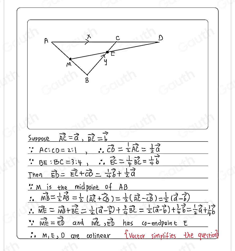 Solved: In triangle ABC, vector AC=x and vector BC=y ACD is a straight ...