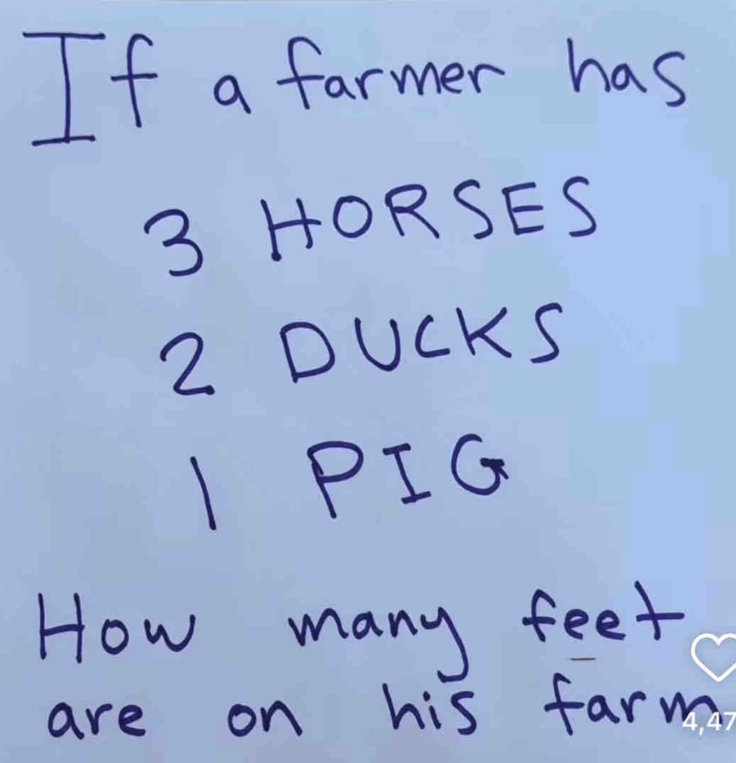 Solved: If a farmer has 3 HORSES 2 DUCKS IPIG How many feet are on his ...