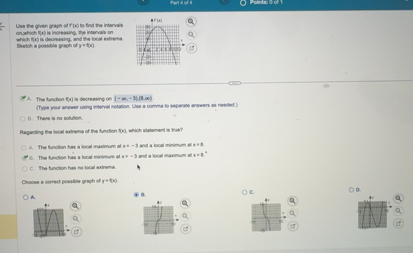 Solved: Use the given graph of f'(x) to find the intervals on which f(x ...