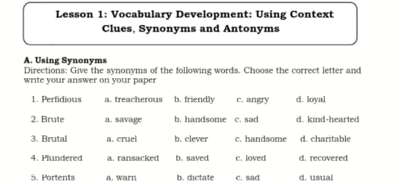 Solved: Lesson 1: Vocabulary Development: Using Context Clues, Synonyms ...