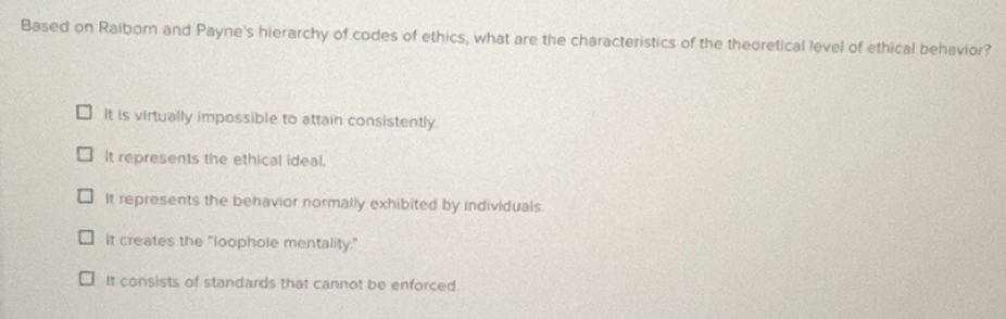 Solved: Based on Raiborn and Payne's hierarchy of codes of ethics, what ...