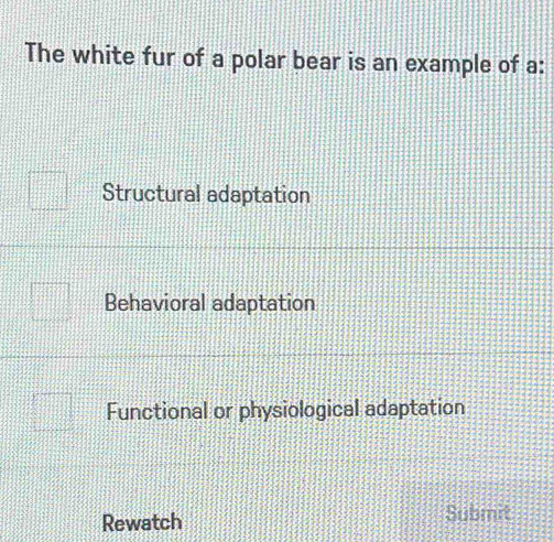 Solved: The white fur of a polar bear is an example of a: Structural ...