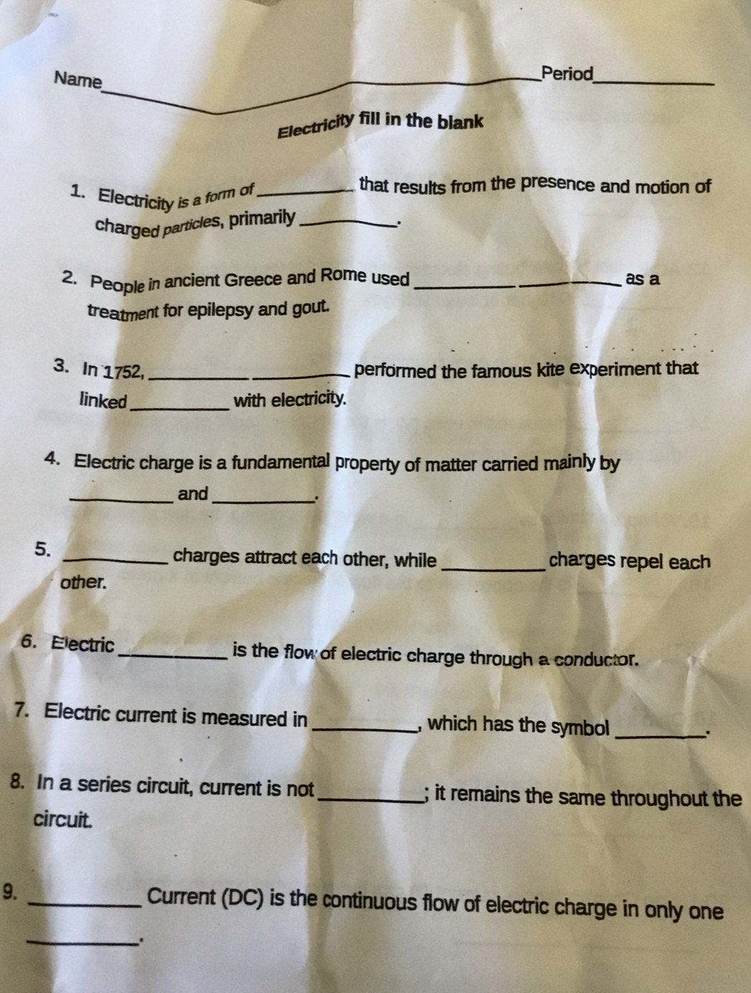 Solved: Name_ Period _ Electricity fill in the blank 1. Electricity is ...