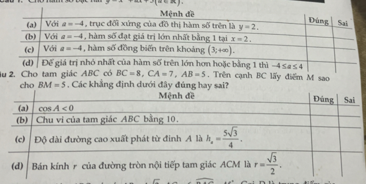 Résolu :(a∈ R). iu 2. Cho tam giác ABC BC=8,CA=7,AB=5. Trên cạnh BC lấy ...