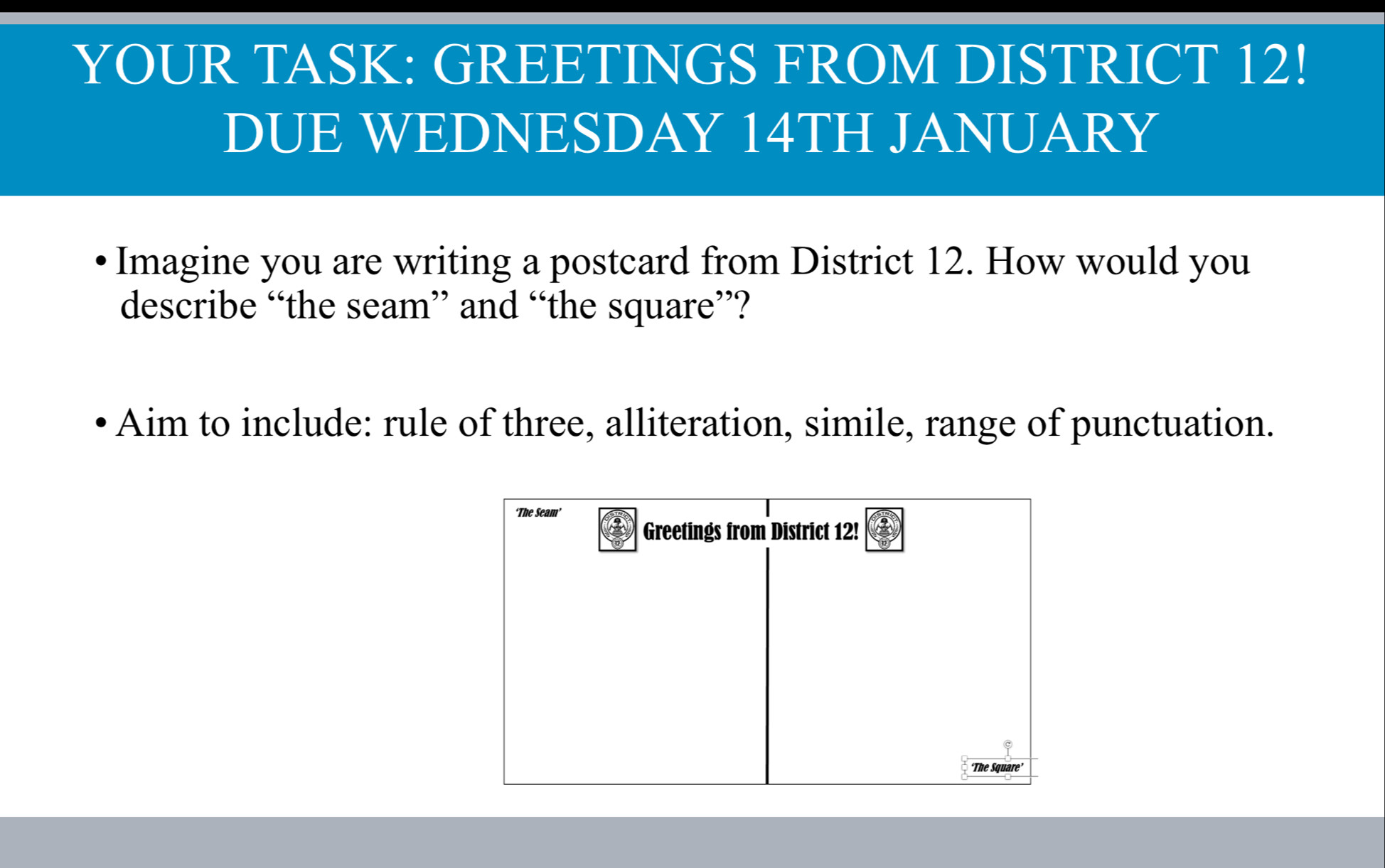 Solved: YOUR TASK: GREETINGS FROM DISTRICT 12! DUE WEDNESDAY 14TH ...