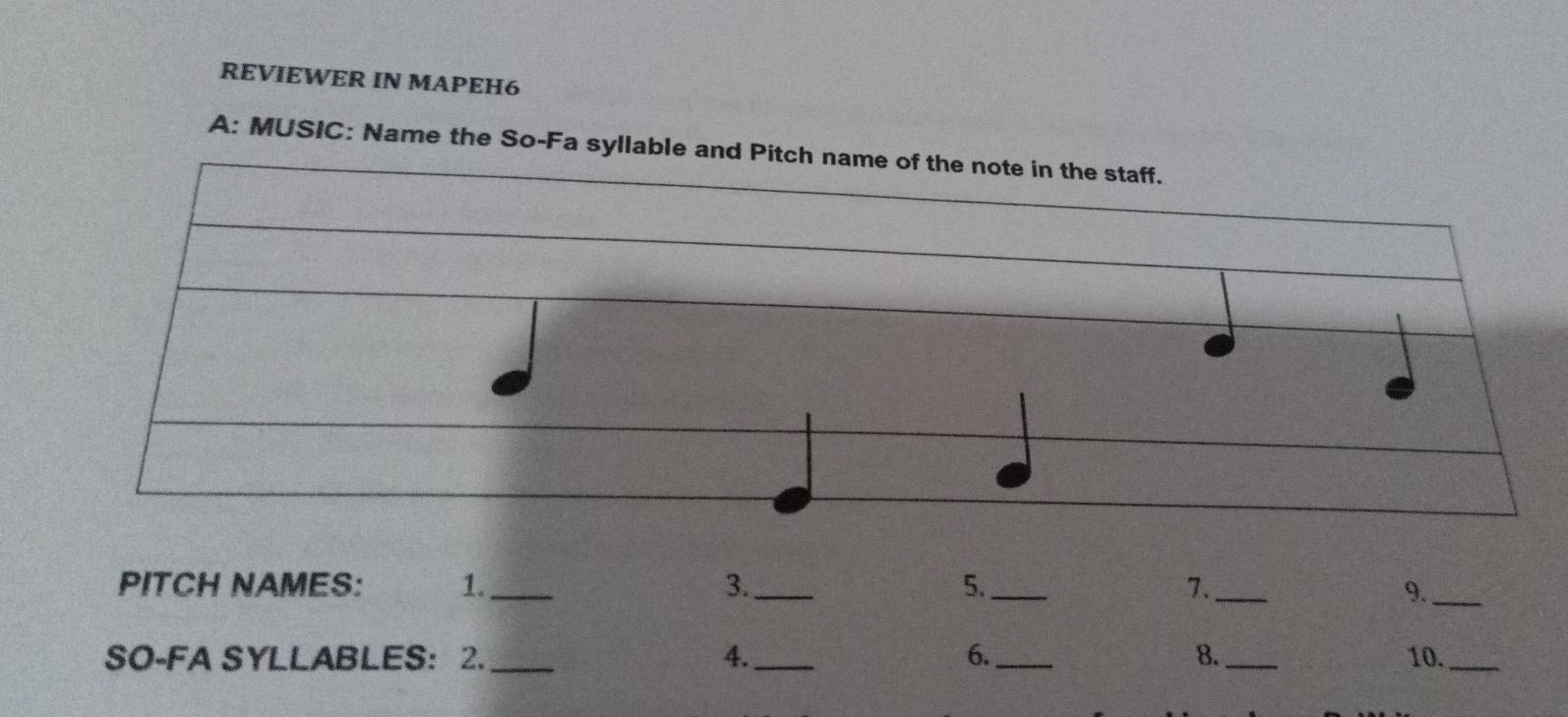 Solved: REVIEWER IN MAPEH6 A: MUSIC: Name the So-Fa syllable and Pitch name of the note in the ...