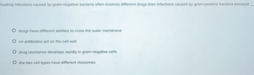 Solved: Treating infections caused by gram-negative bacteria often involves different drugs than ...
