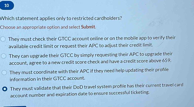 Solved: Which statement applies only to restricted cardholders? Choose an appropriate option and ...
