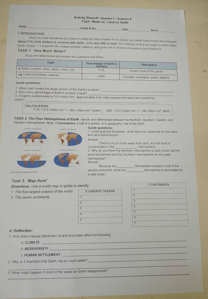 Solved: Activity Sheet #1: Quarter 3 - Science 8 Topic: Water vs. Land ...