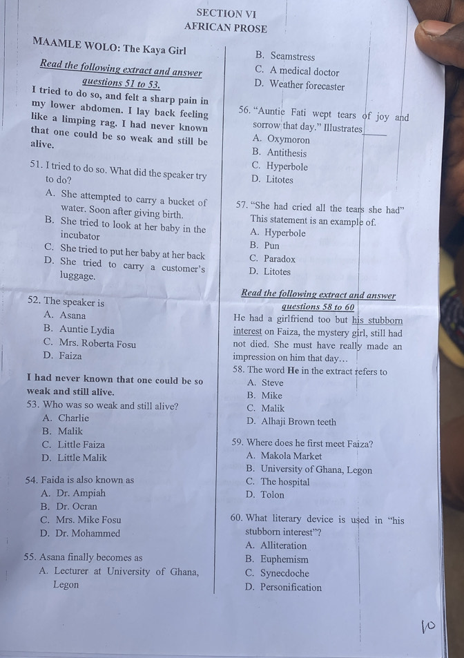 Solved: SECTION VI AFRICAN PROSE MAAMLE WOLO: The Kaya Girl B ...