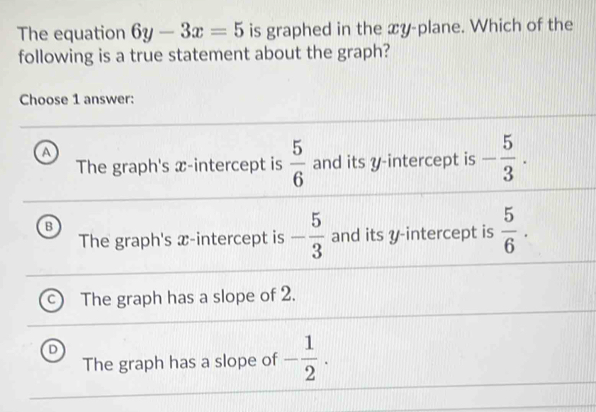 Solved: The equation 6y-3x=5 is graphed in the xy -plane. Which of the ...