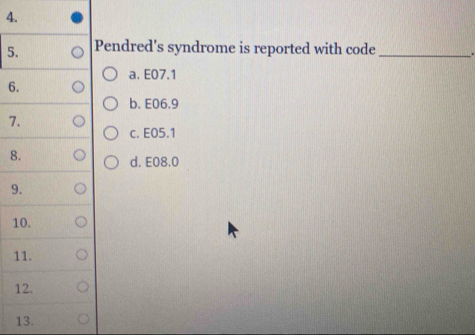 Solved: Pendred's syndrome is reported with code_ . a. E07.1 6. b. E06.9 7. c. E05.1 8. d. E08.0 ...