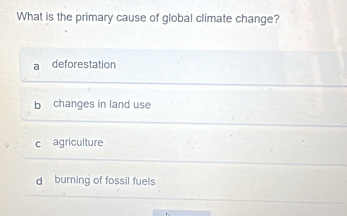 Solved: What is the primary cause of global climate change? deforestation b changes in land use ...