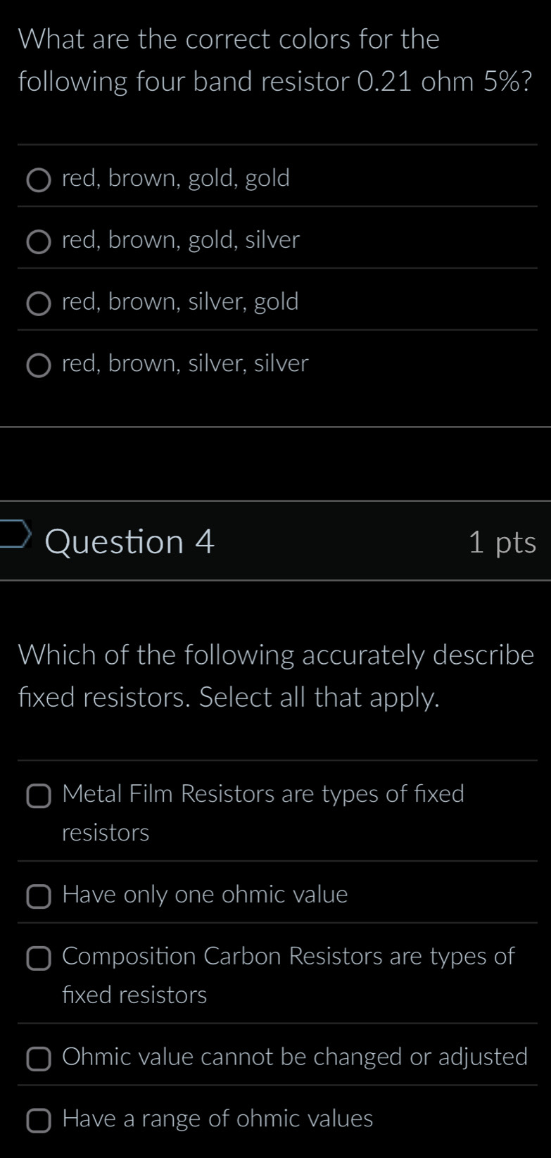 Solved: What are the correct colors for the following four band ...
