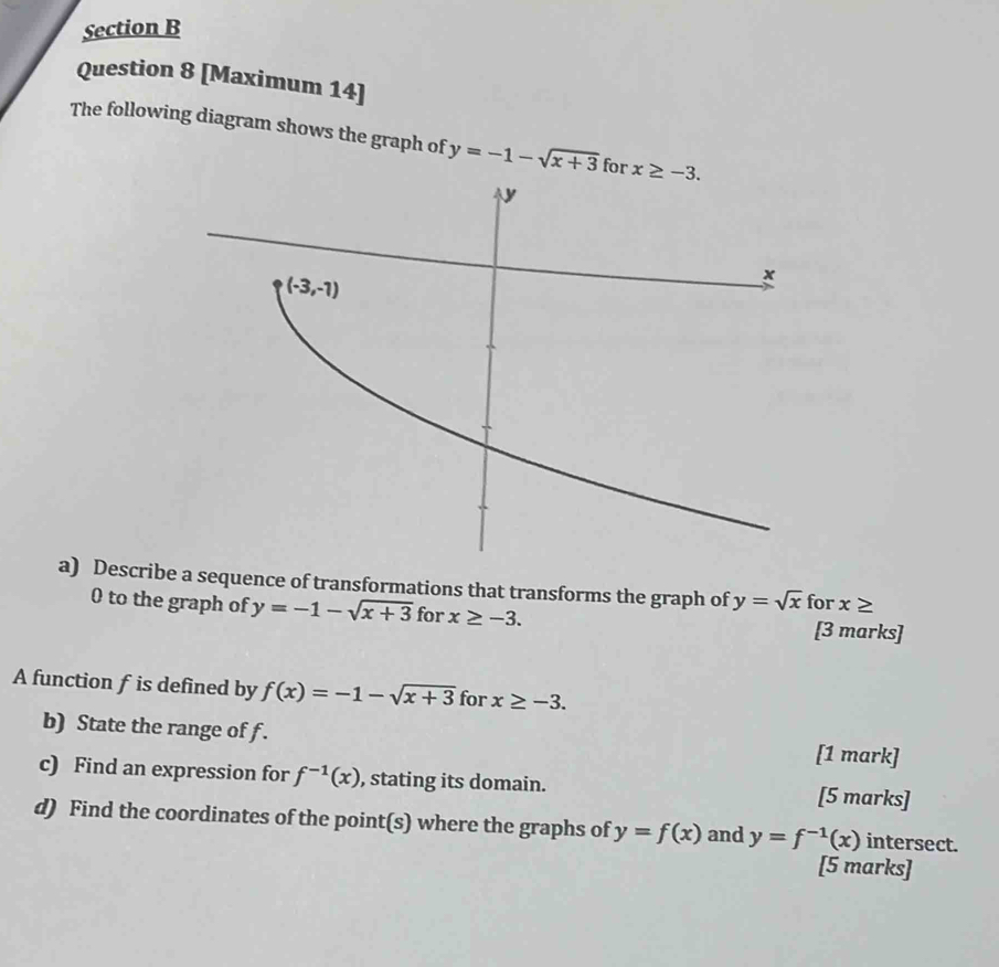 Solved: [Maximum 14] The following diagram shows the graph of y=-1-sqrt(x+3) a) Describe a ...