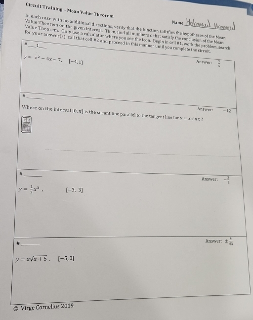 Solved: Circuit Training - Mean Value Theorem Name In each case with no ...